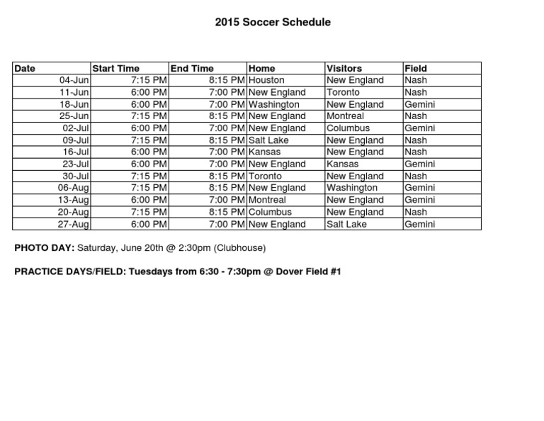 2015 Soccer Schedule Date Start Time End Time Home Visitors Field PDF