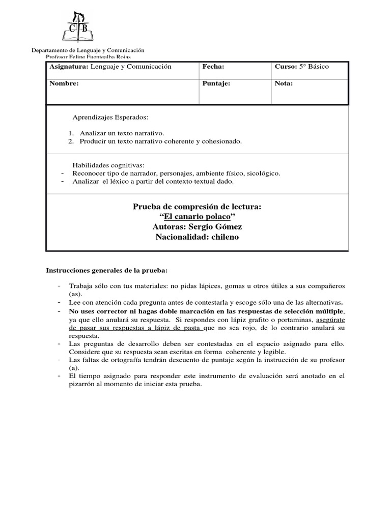 Prueba de Lenguaje 5° Básico: Narrativa | PDF | Lápiz