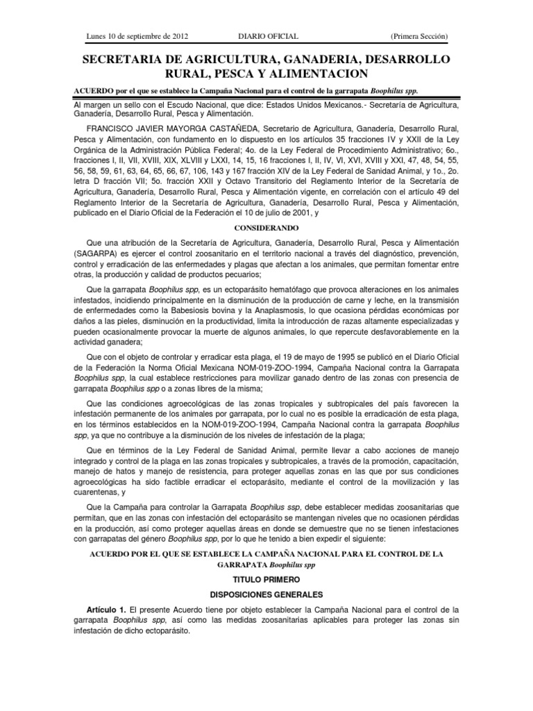 ACUERDO Por El Que Se Establece La Campaña Nacional para El Control de ...