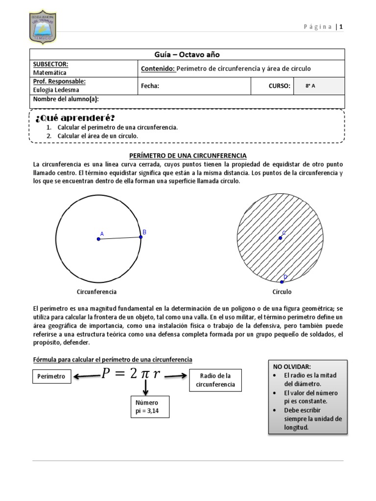 Guia de Perimetro y Area de Circunferencia y Circulo | Circulo | Pi