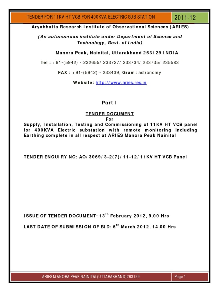 11KV HT VCB Tender for ARIES Substation | PDF | Fuse (Electrical ...