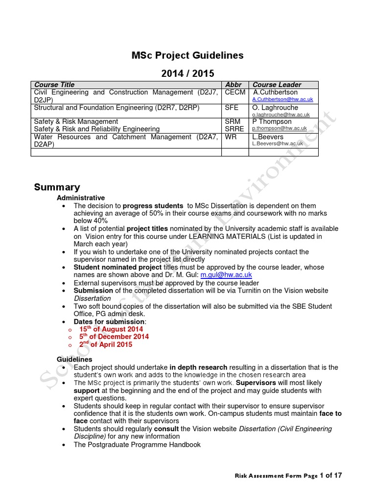 MSC Dissertation Project Guidelines - CE - 2014-15 | PDF | Thesis ...