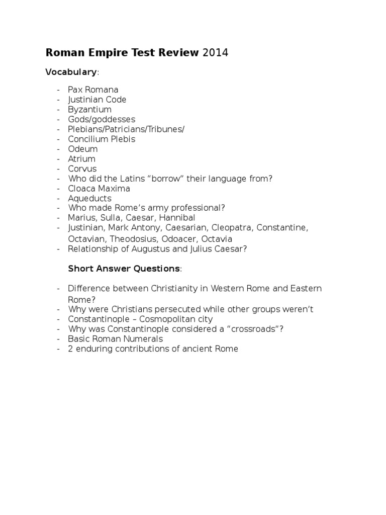 Roman Empire Test Review 2014 | PDF