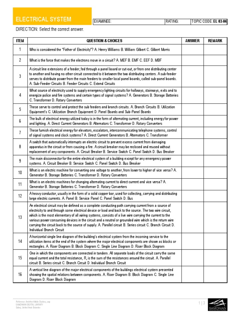 Elec 9103 - El 03 - Questionnaire | Electrical Wiring | Cable