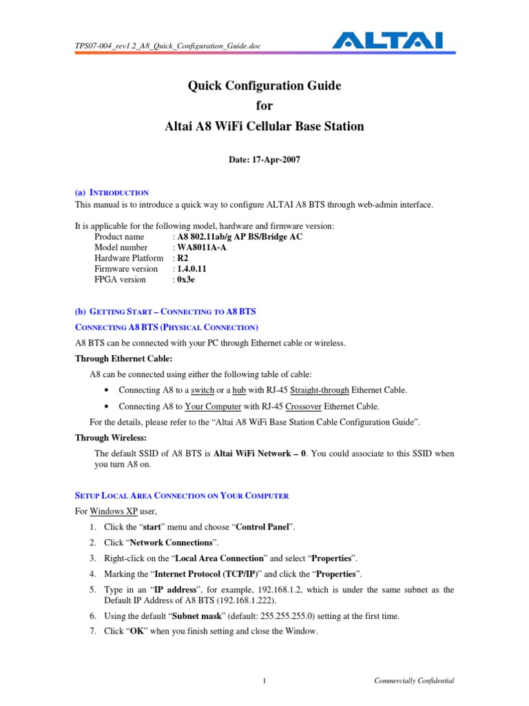 Quick Configuration Guide for Altai A8 WiFi Cellular Base Station | PDF ...
