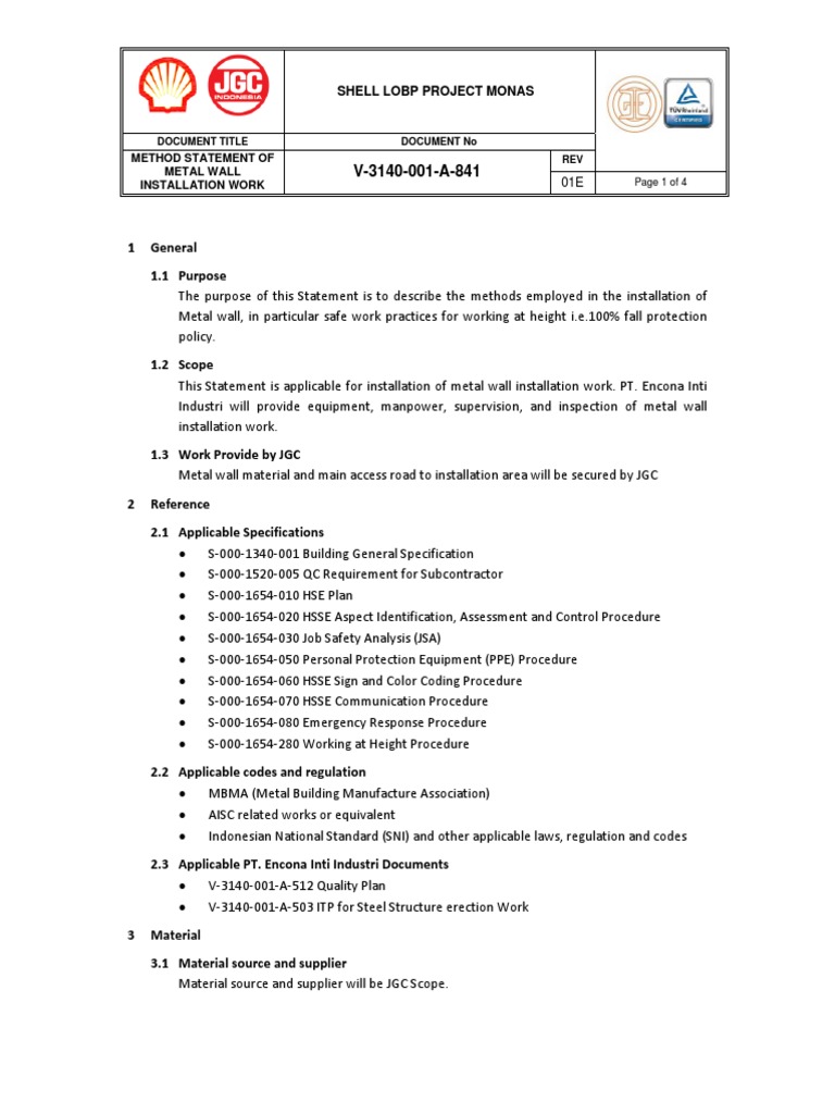 Metal Wall Installation Method Statement | PDF | Scaffolding ...