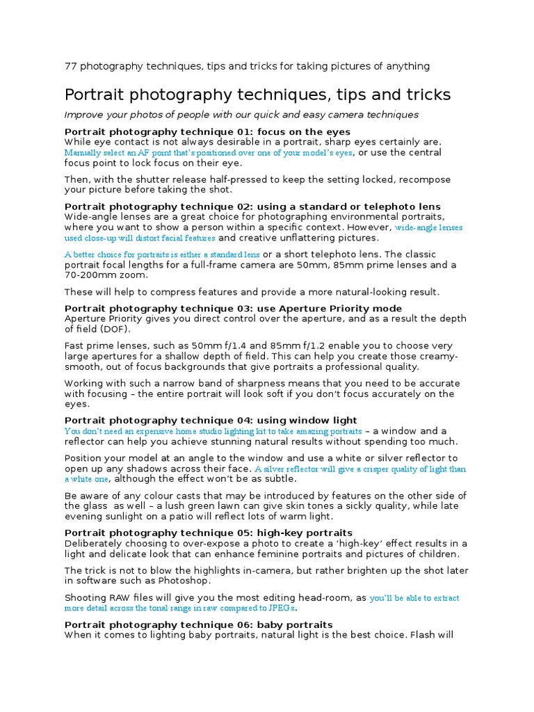 77 Photography Techniques | PDF | Exposure (Photography) | Camera Lens