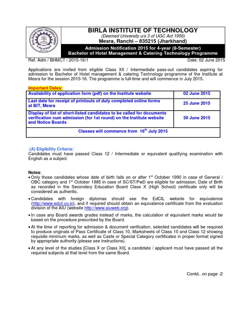 BIT Mesra Information Bulletin | PDF | University And College Admission ...
