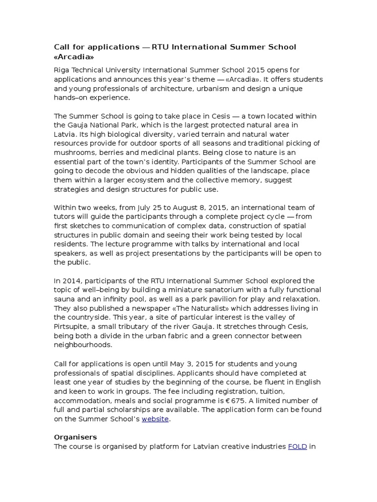 Call For Applications - RTU International Summer School Arcadia | PDF | Further Education
