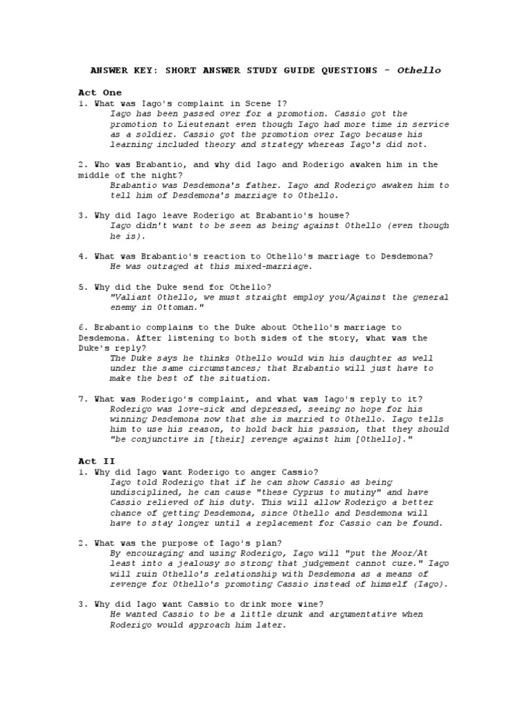 Othello Study Guide Answer Key | PDF | Iago | Othello
