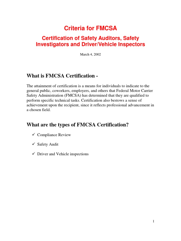 Criteria For FMCSA Inspectors | PDF | Certification | Regulatory Compliance