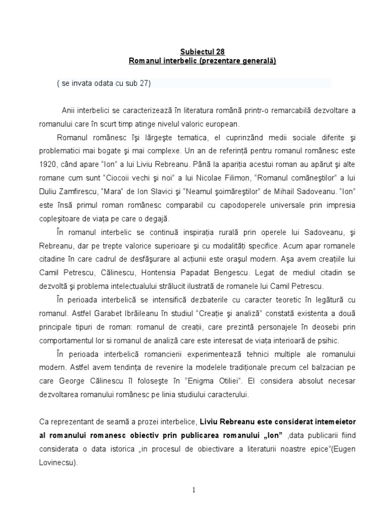 28 Romanul Interbelic PDF | PDF