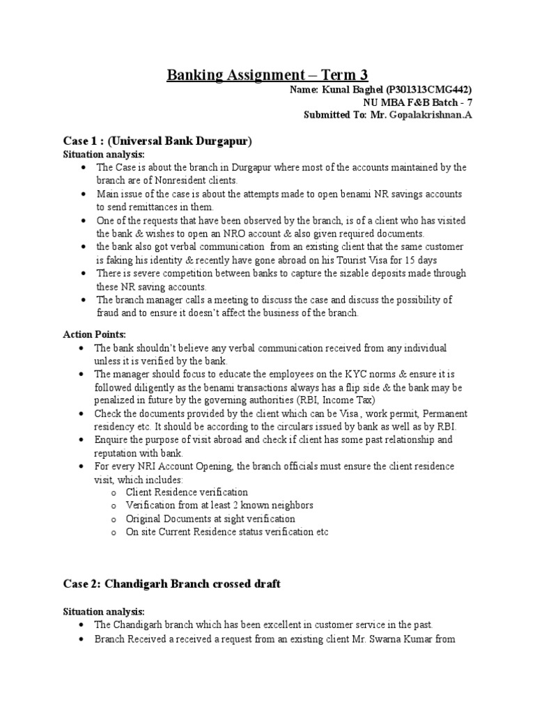 Banking Assignment Term 3 Case 1 Universal Bank Durgapur Pdf