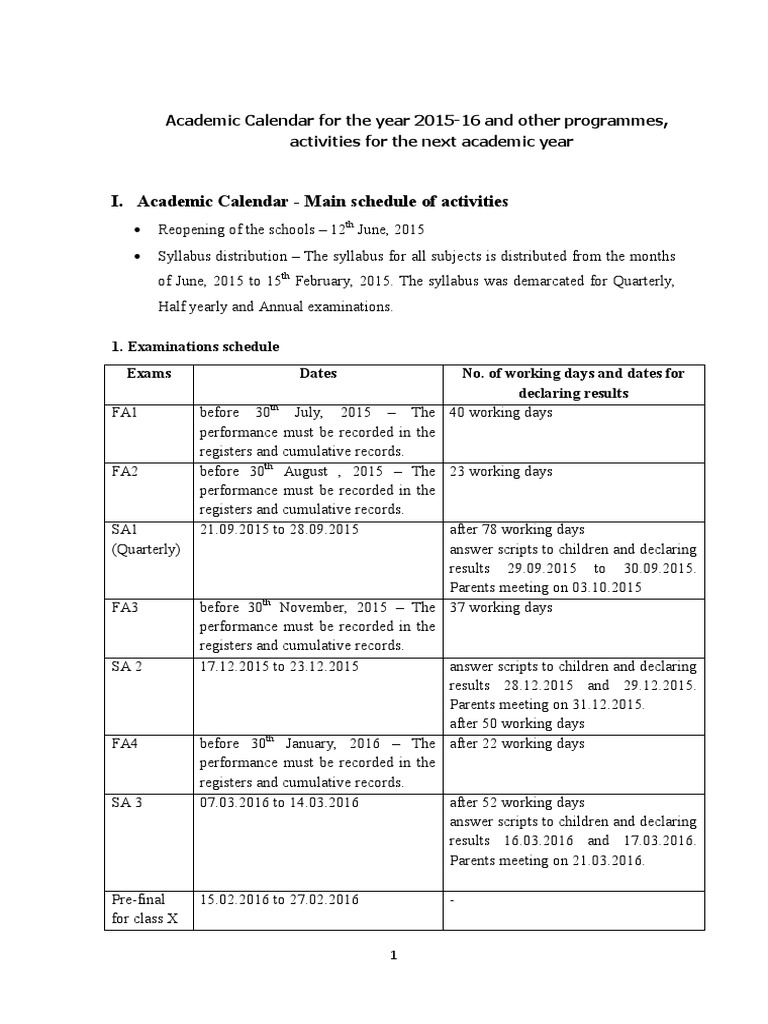 2015-16 Academic Calendar Overview | PDF | Curriculum | Secondary School
