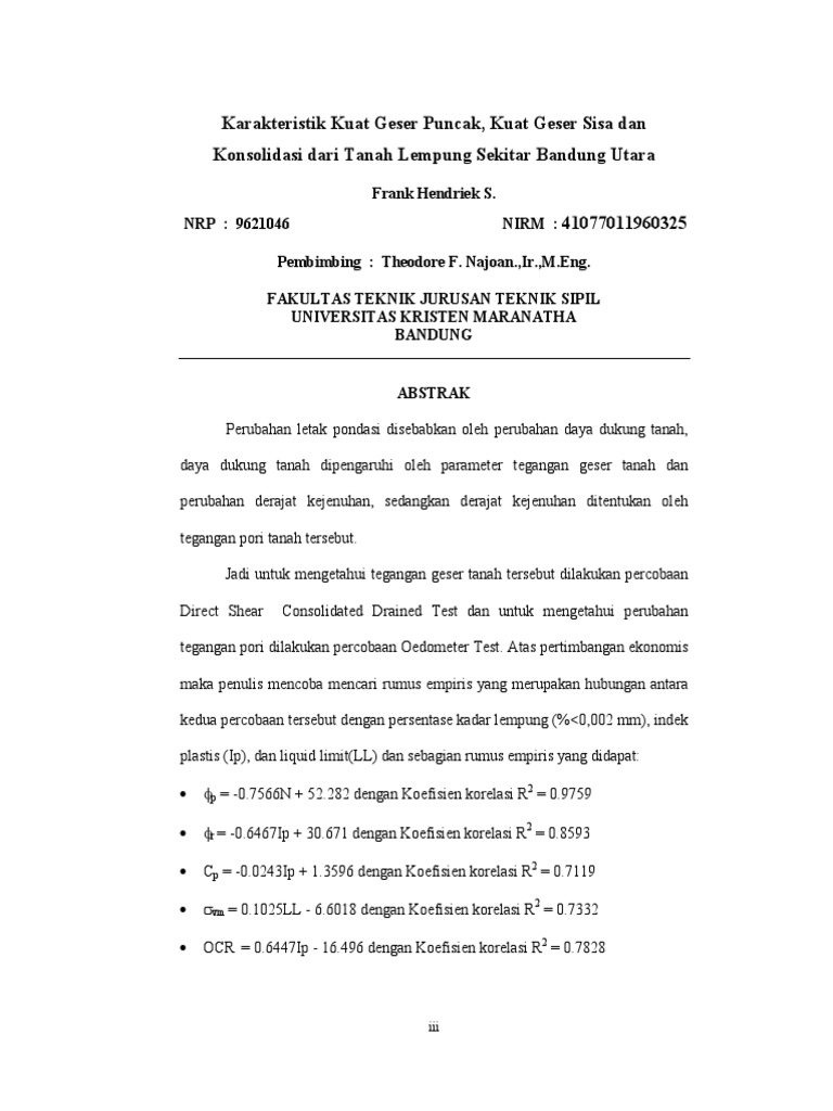Karakteristik Kuat Geser Puncak, Kuat Geser Sisa Dan Konsolidasi Dari ...