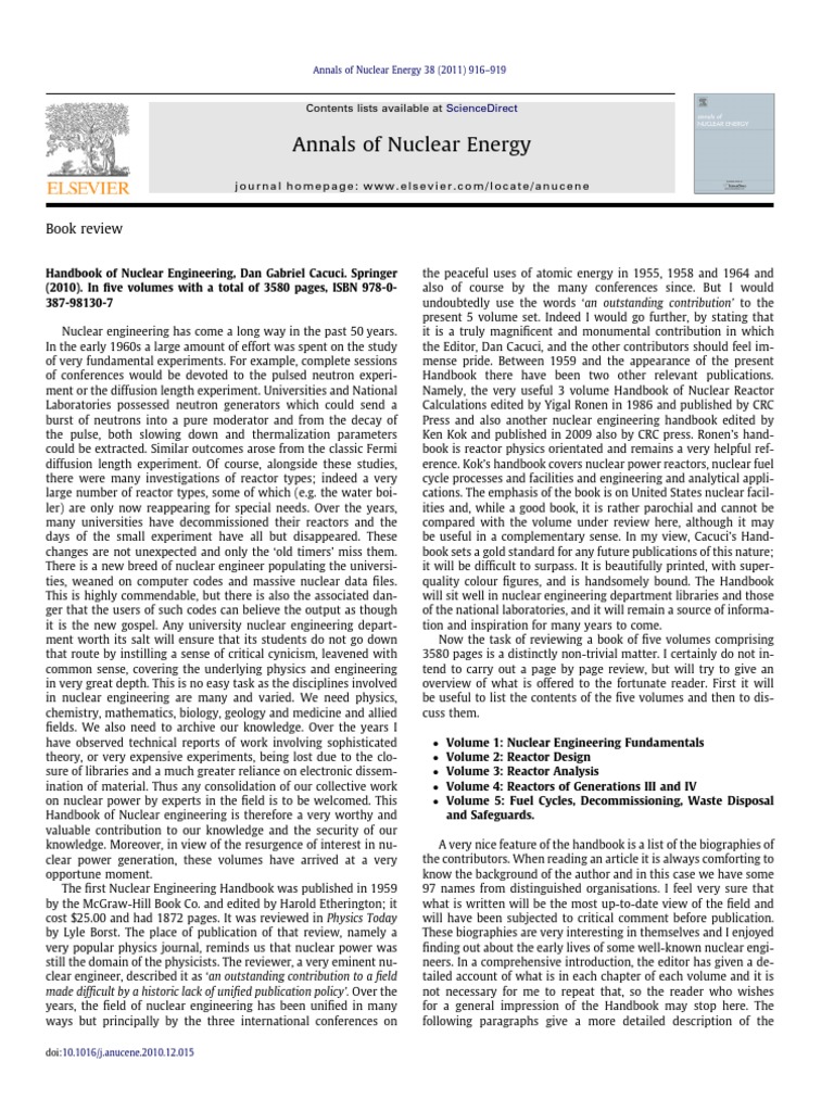 Book Review - Handbook of Nuclear Engineering, Dan Gabriel Cacuci | PDF | Nuclear Reactor ...