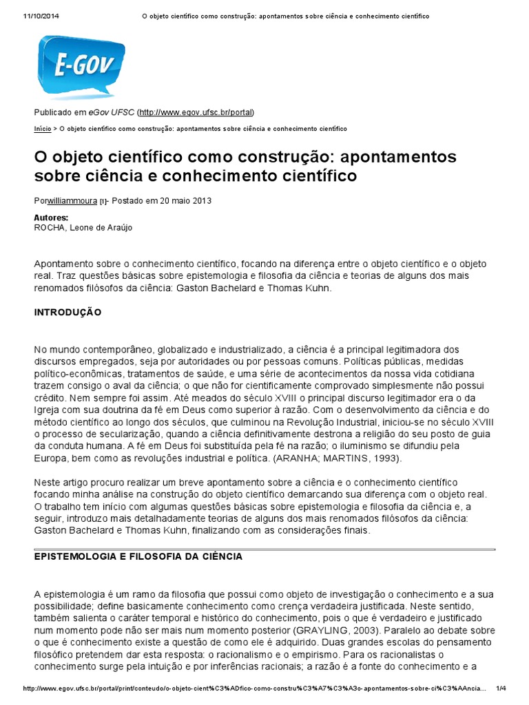 O Objeto Científico Como Construção - Apontamentos Sobre Ciência e ...