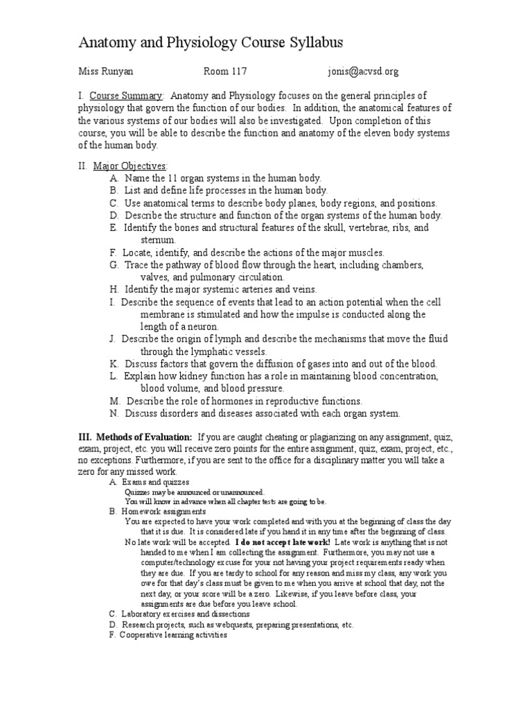 Anatomy and Physiology Syllabus 2015 | PDF | Human Body | Circulatory ...