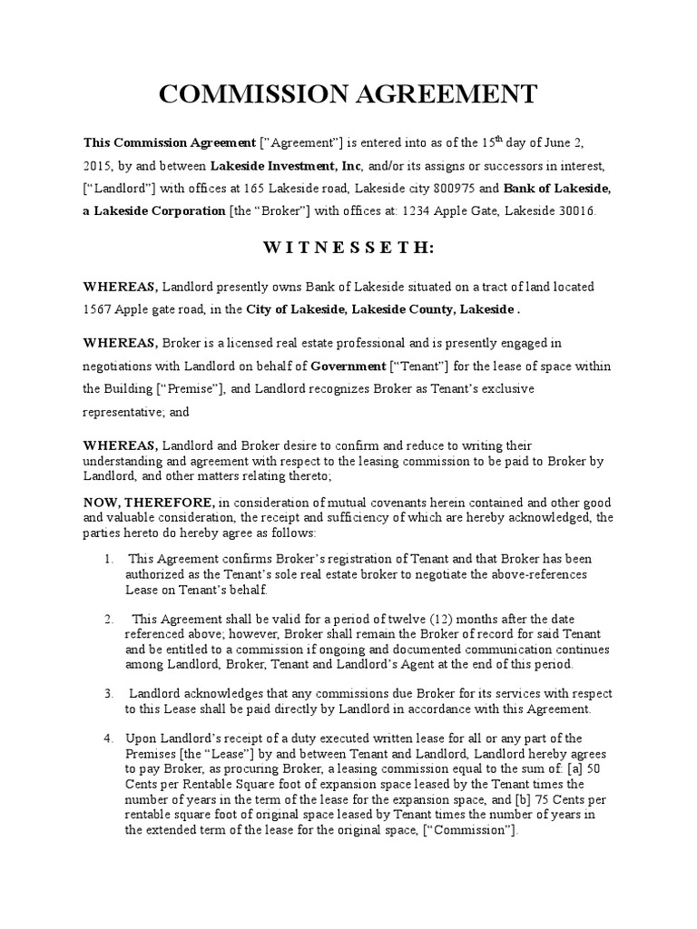 COMMISSION AGREEMENT.docx | Lease | Leasehold Estate