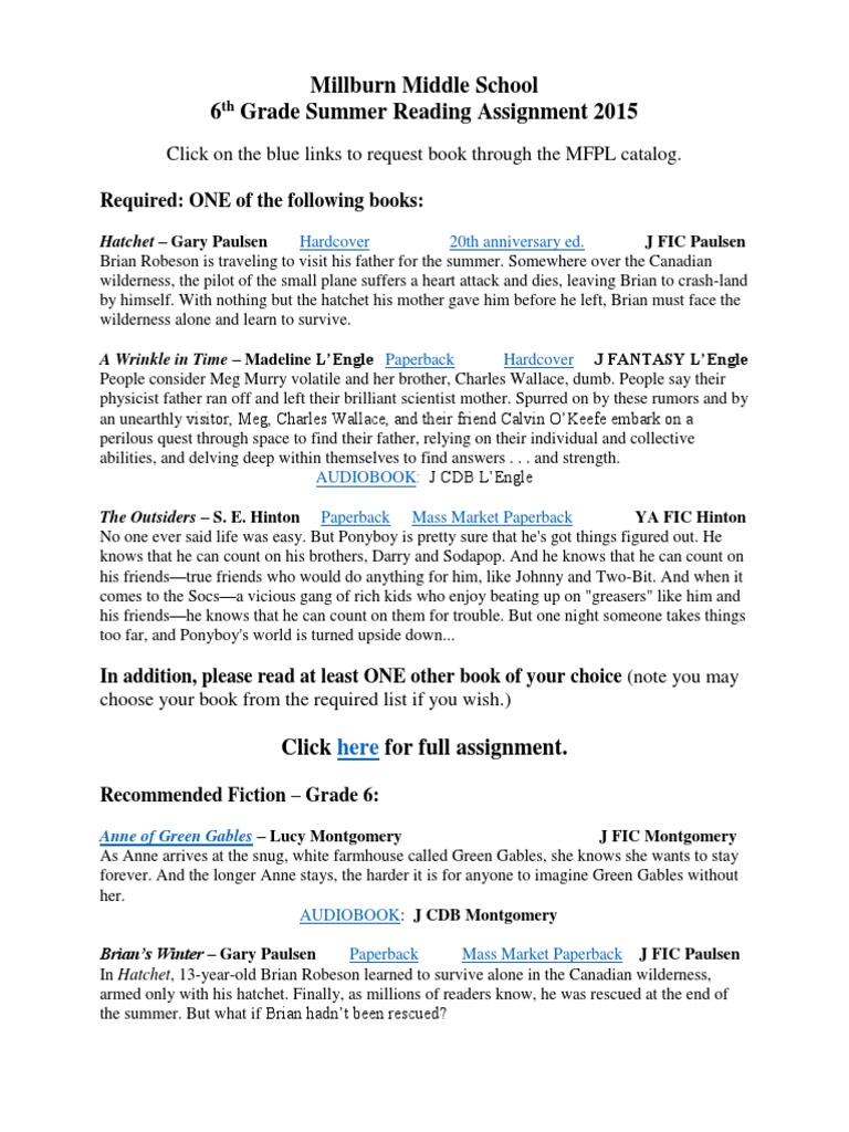 6th Grade Summer Reading Assignment 2015 | PDF | Books
