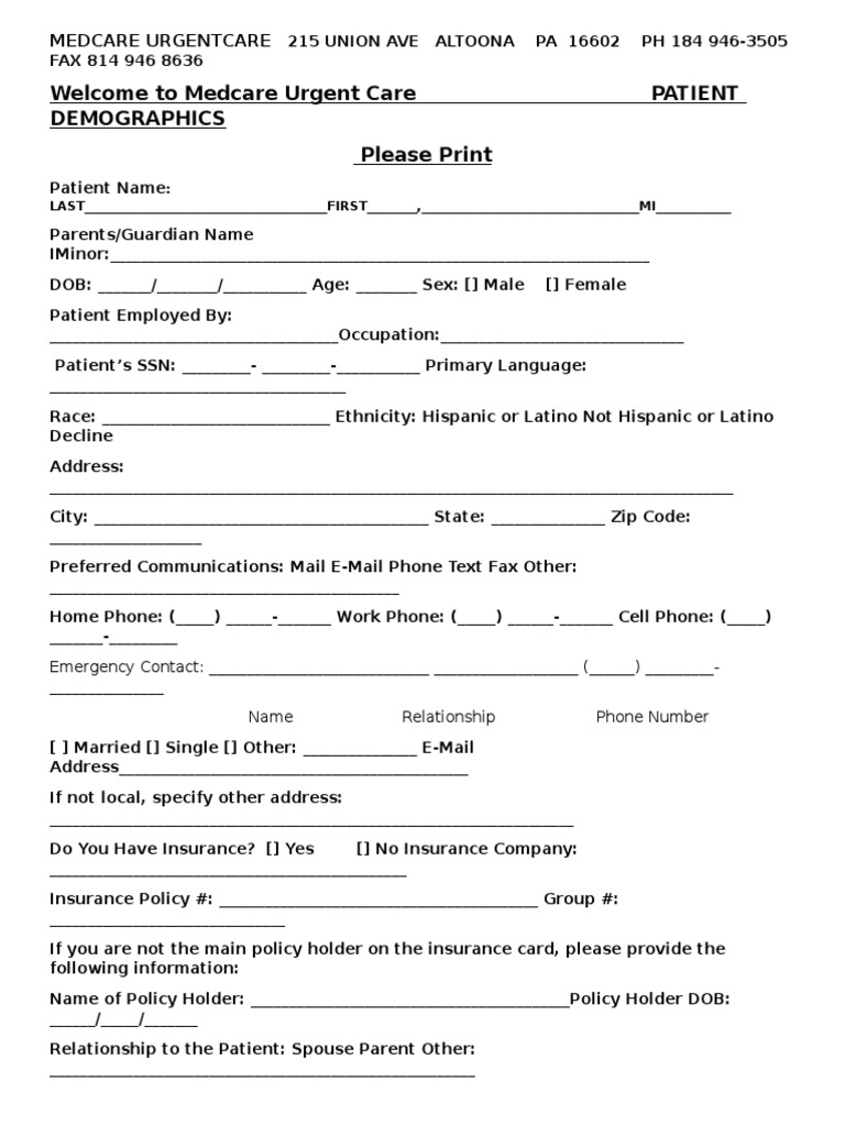 Urgentcare Form | PDF | Medicare (United States) | Medicine
