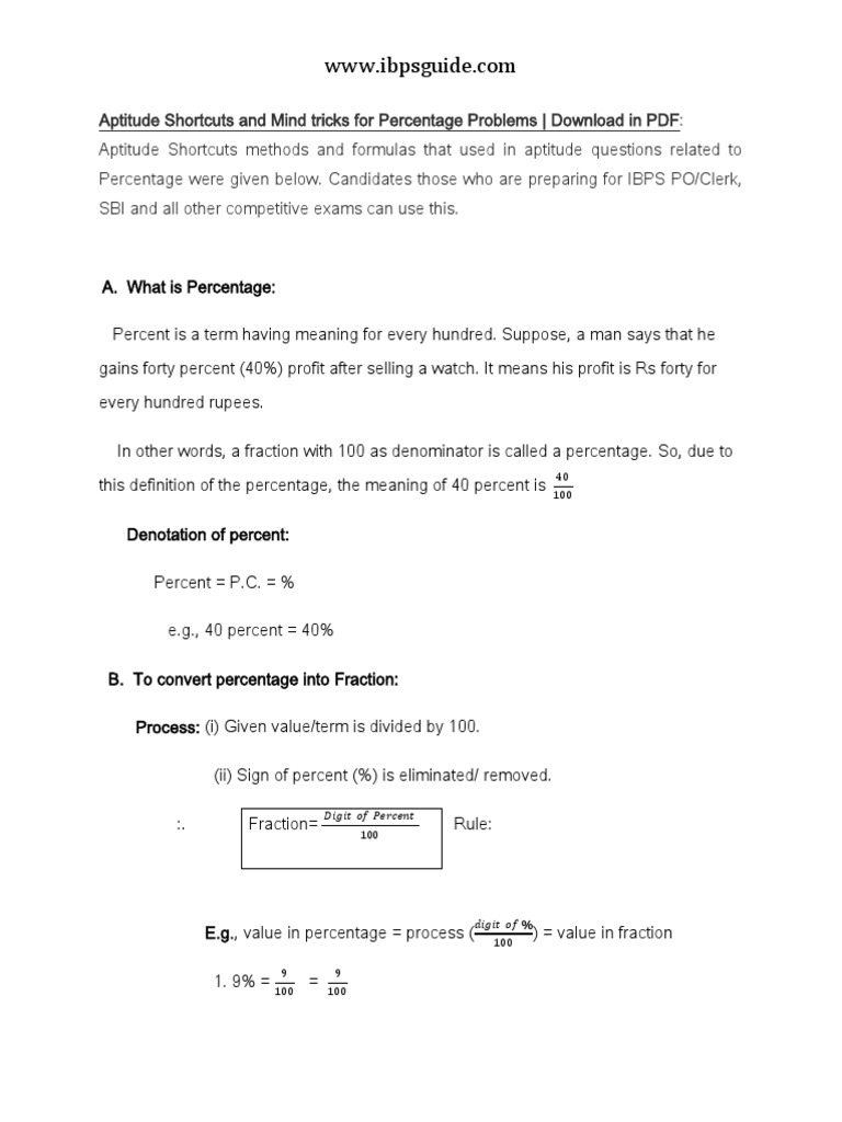 Aptitude Shortcuts Methods For Percentage Problems | PDF | Percentage ...