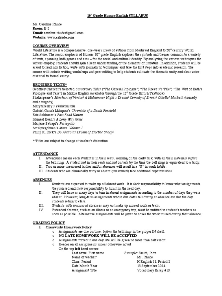 10th Grade Honors English Syllabus | PDF | Homework