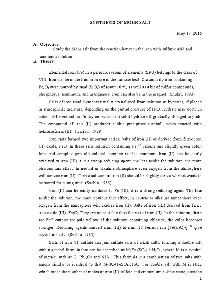 Synthesis of Mohr Salt | PDF | Iron | Salt (Chemistry)