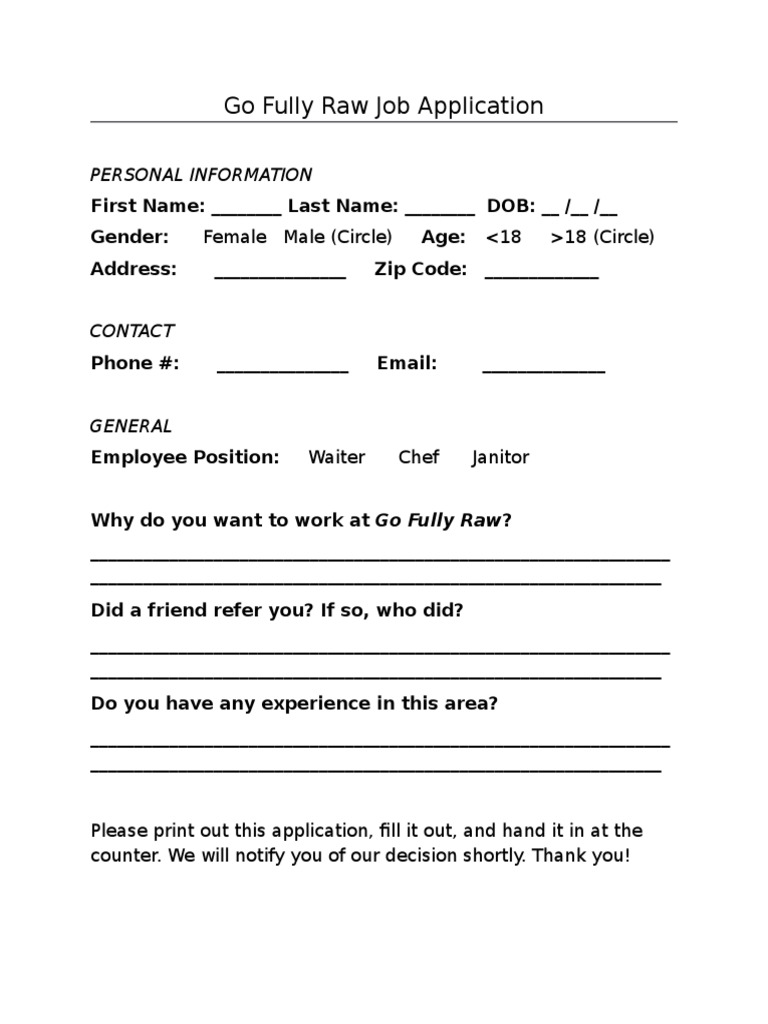 Go Fully Raw Job Application Form | PDF