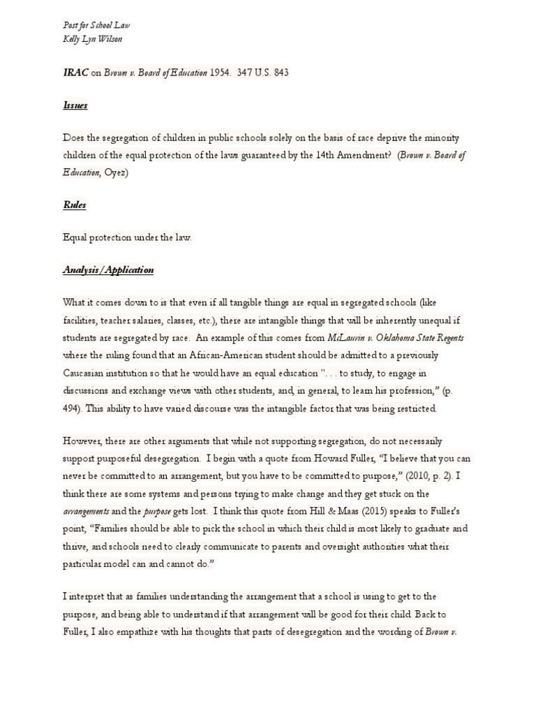 IRAC Analysis of Brown vs. Board of Education | PDF | Brown V. Board Of ...