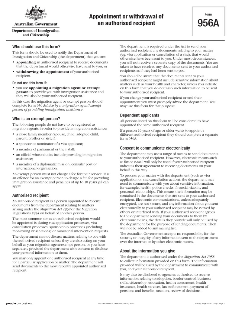 Form 956A: Authorised Recipient Appointment | PDF | Travel Visa ...