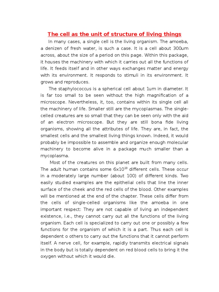 The Cell As The Unit of Structure of Living Things | PDF