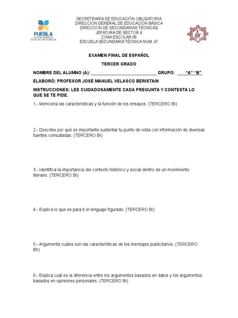 Examen Final Español Tercer Grado | PDF | Educación avanzada