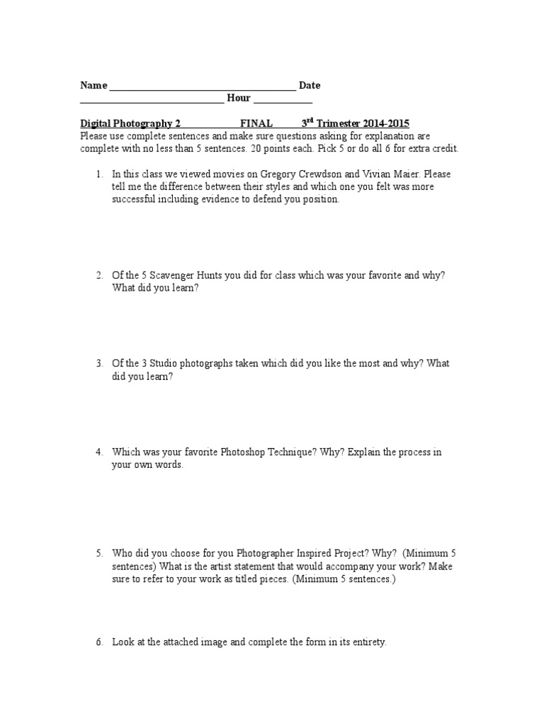 Digital Photography Final Exam Questions | PDF