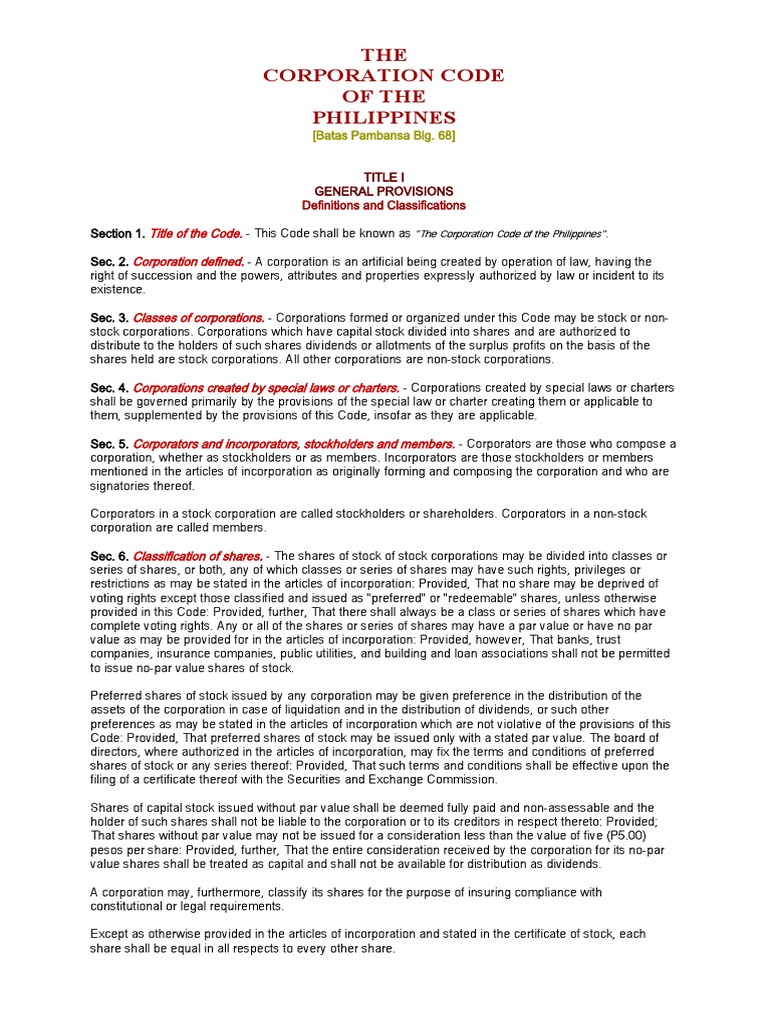 THE Corporation Code of The Philippines | PDF | Corporations | Stocks