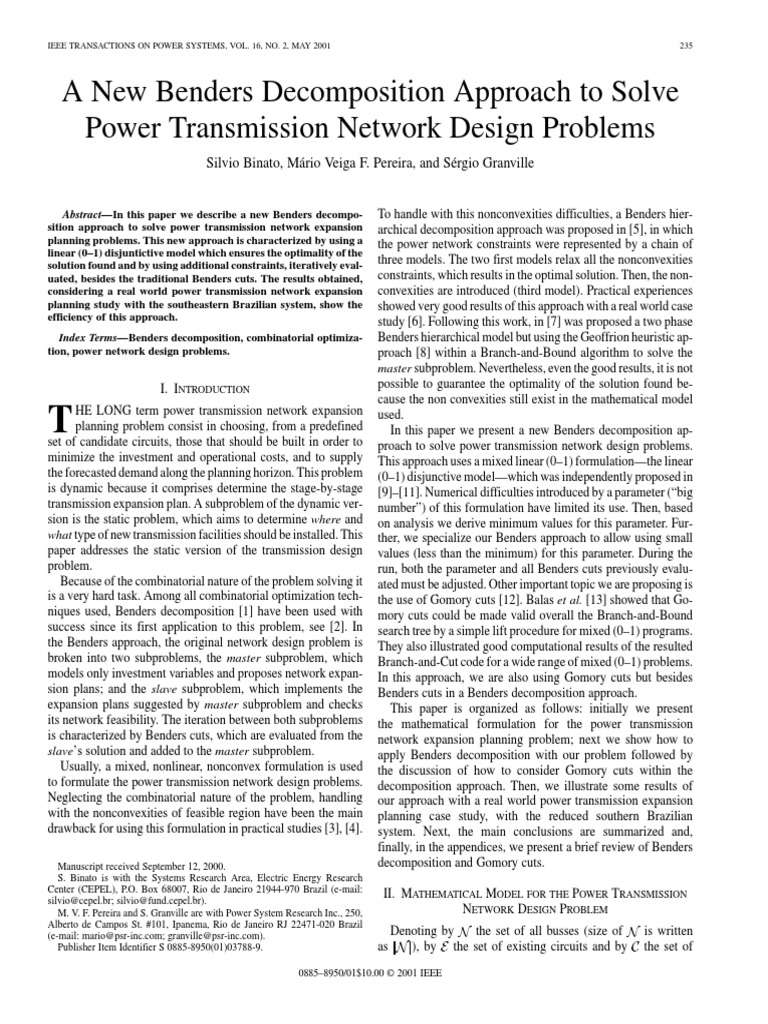 A New Benders Decomposition Approach To Solve Power Transmission Network Design Problems | PDF ...