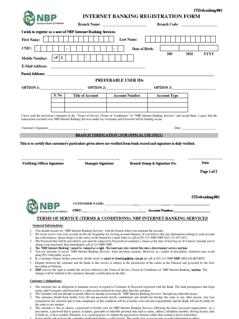 NBP Internet Banking Registration Form | PDF | Online Banking | Banks ...