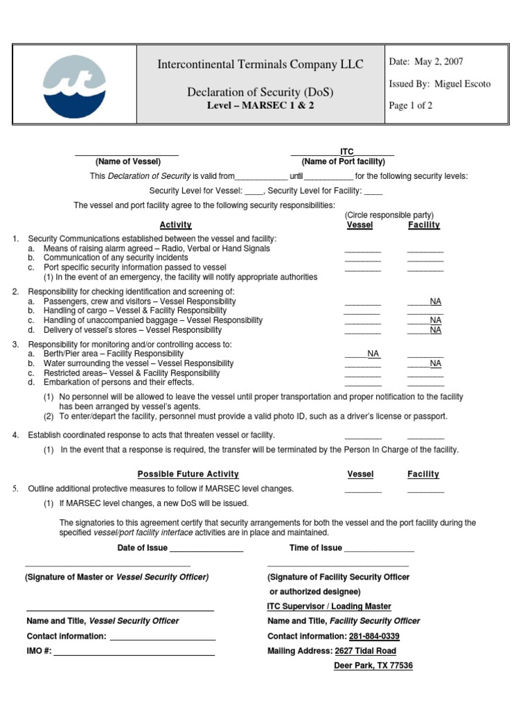 Intercontinental Terminals Company LLC Declaration of Security ...