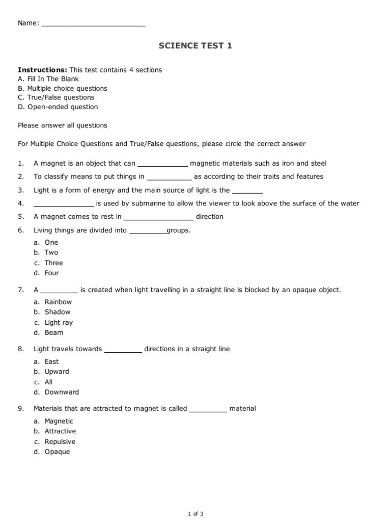 Year 6 Science Test Paper | PDF | Light | Organisms