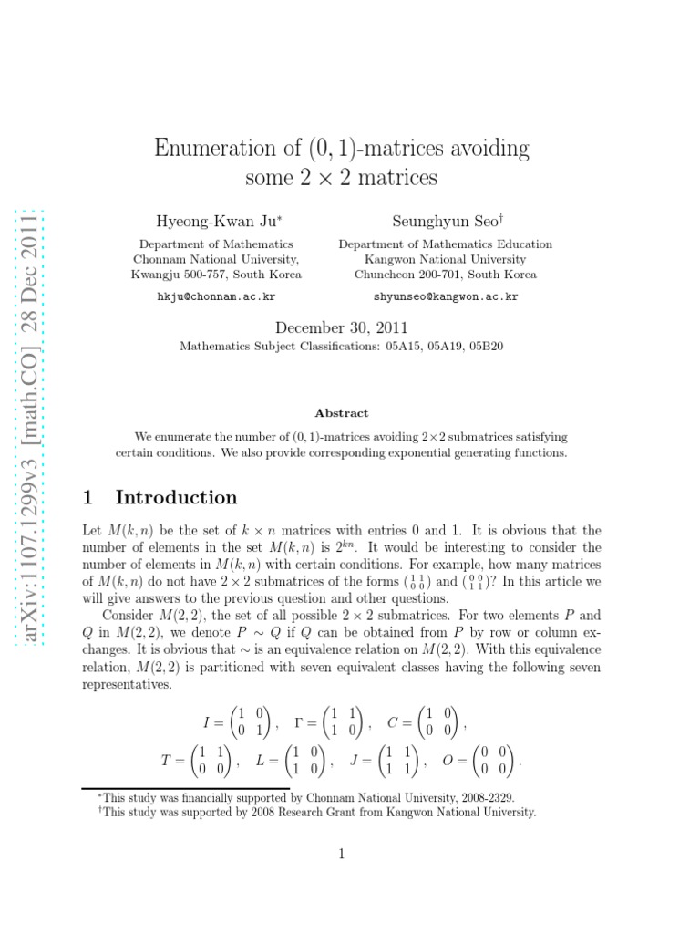 Avoiding Some 01 Matrices | PDF | Matrix (Mathematics) | Discrete ...
