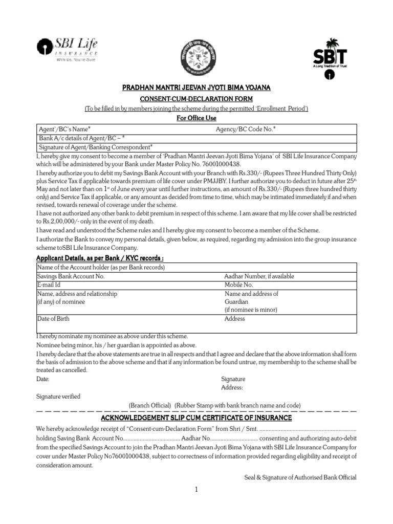 PMJJBY Application Form for SBI | PDF | Life Insurance | Insurance