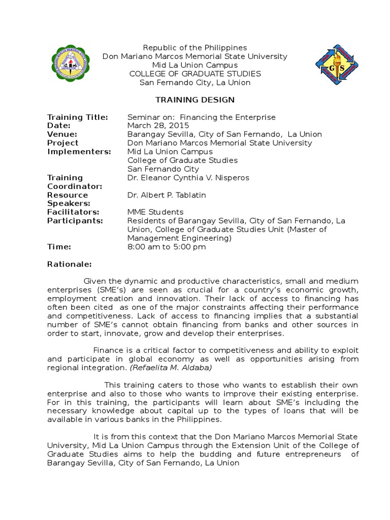 Training Design Training Title: Date: Venue: Project Implementers ...