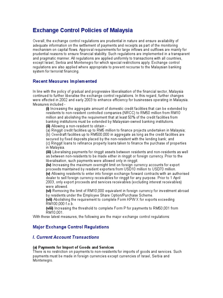 Exchange Control Policies of Malaysia | PDF | Credit (Finance) | Banks