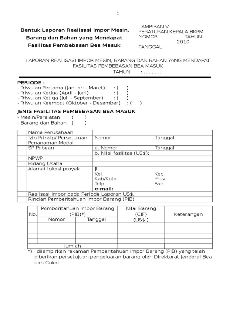 Form Laporan Realisasi Impor Mesin With FACILITY | PDF