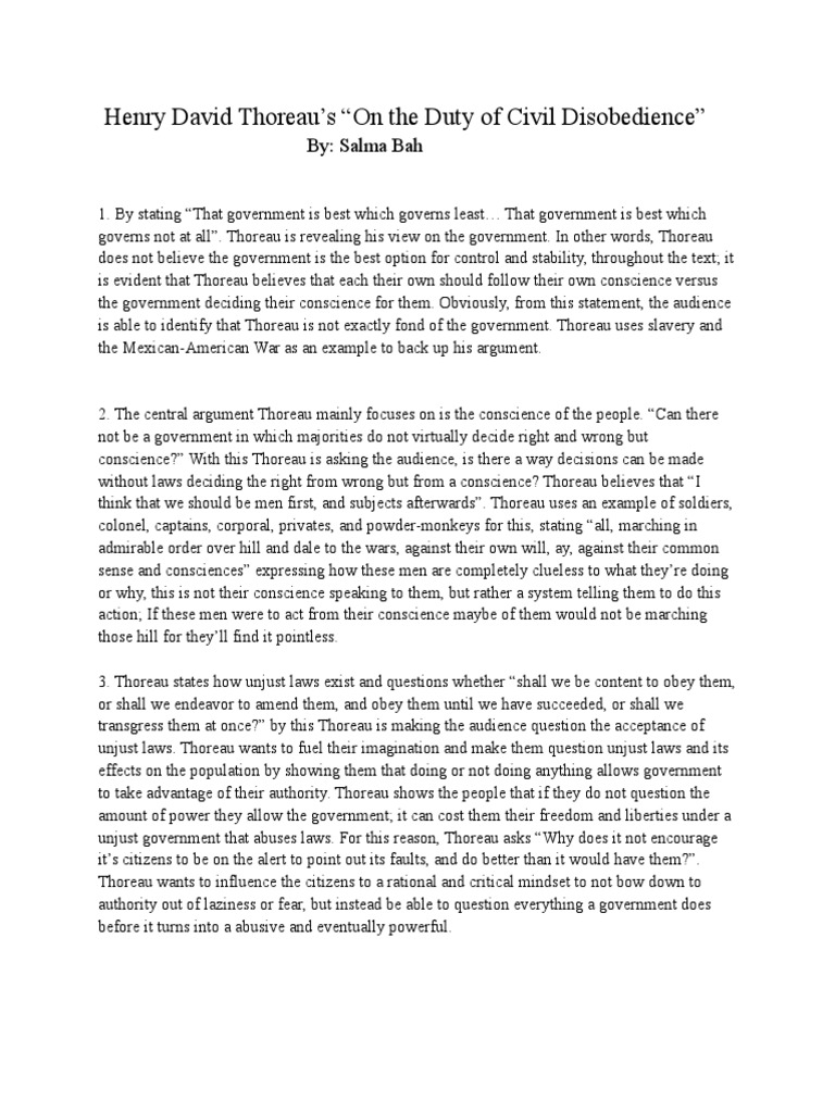 Henry David Thoreau's "On The Duty of Civil Disobedience": By: Salma ...