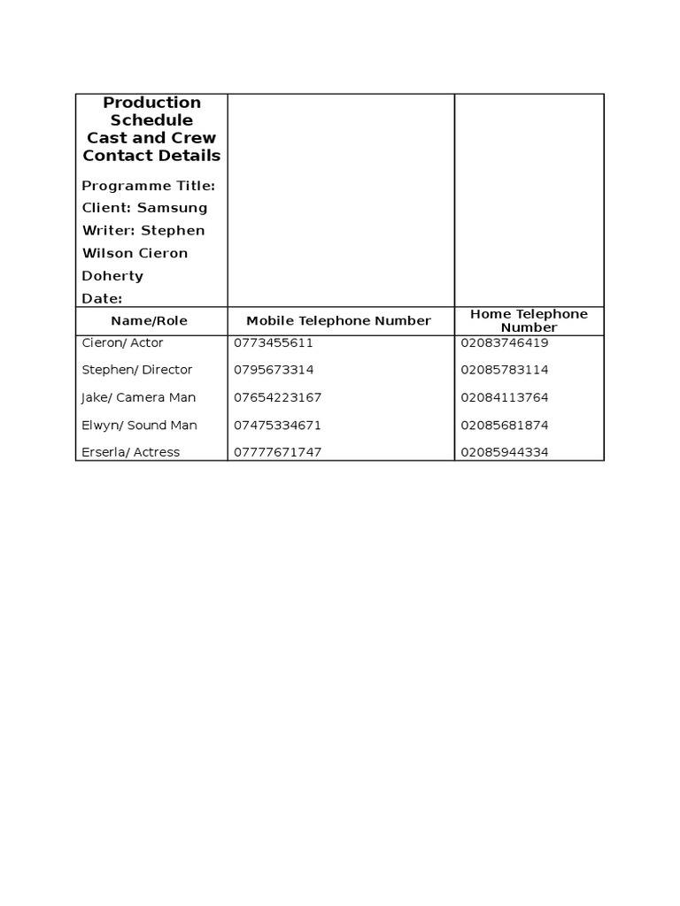 Samsung Production Schedule and Crew Contacts | PDF