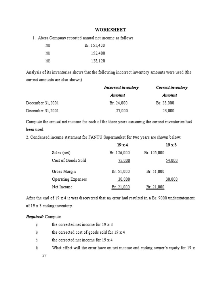 Worksheet | Cost Of Goods Sold | Inventory
