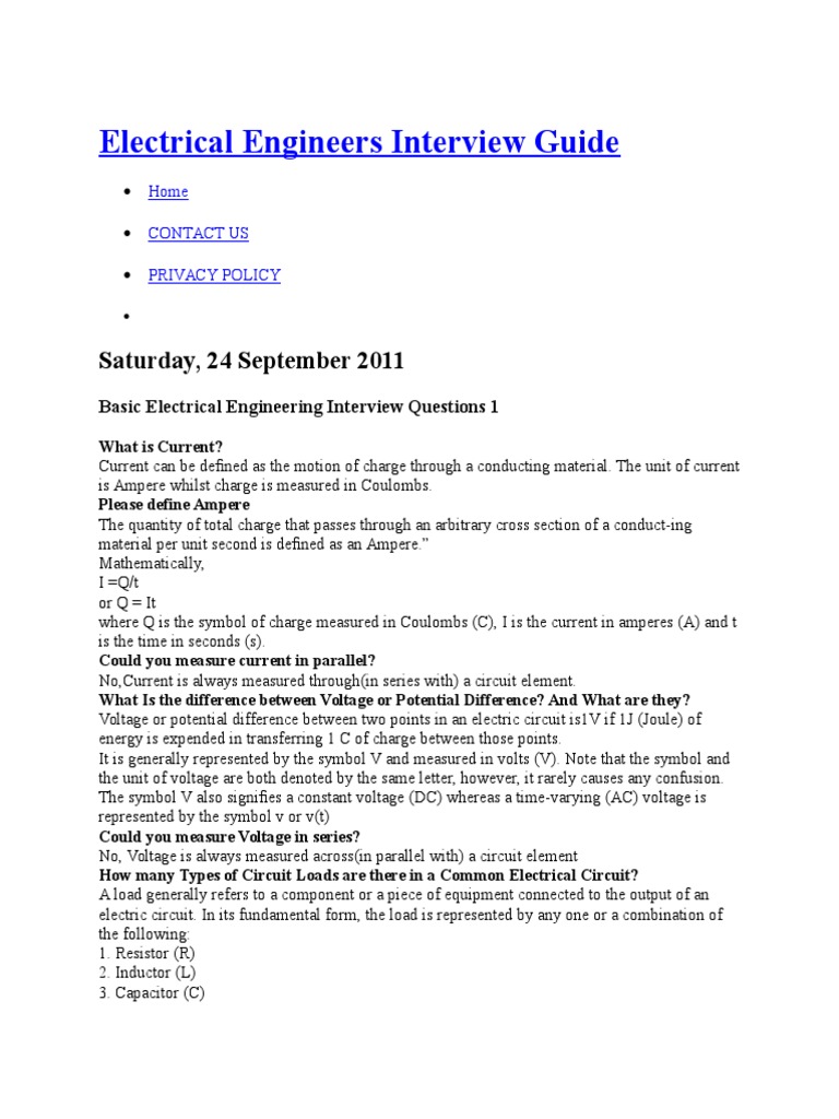 Electrical Engineers Interview Guide | PDF | Voltage | Electric Current