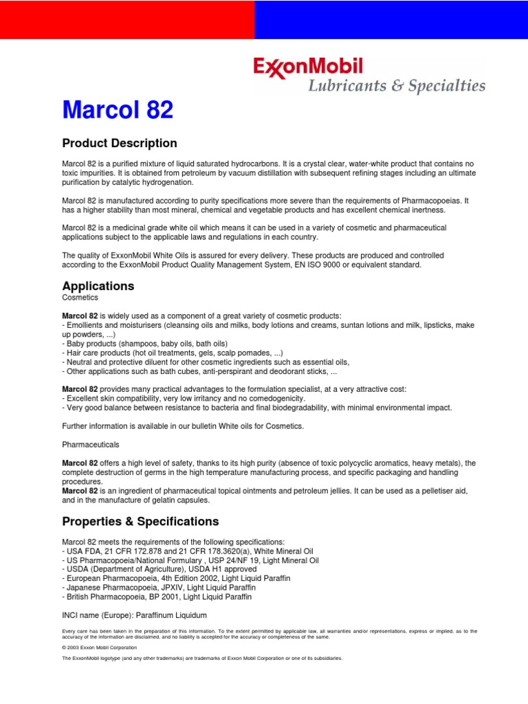 Marcol 82: Product Description | PDF | Cosmetics | Exxon Mobil