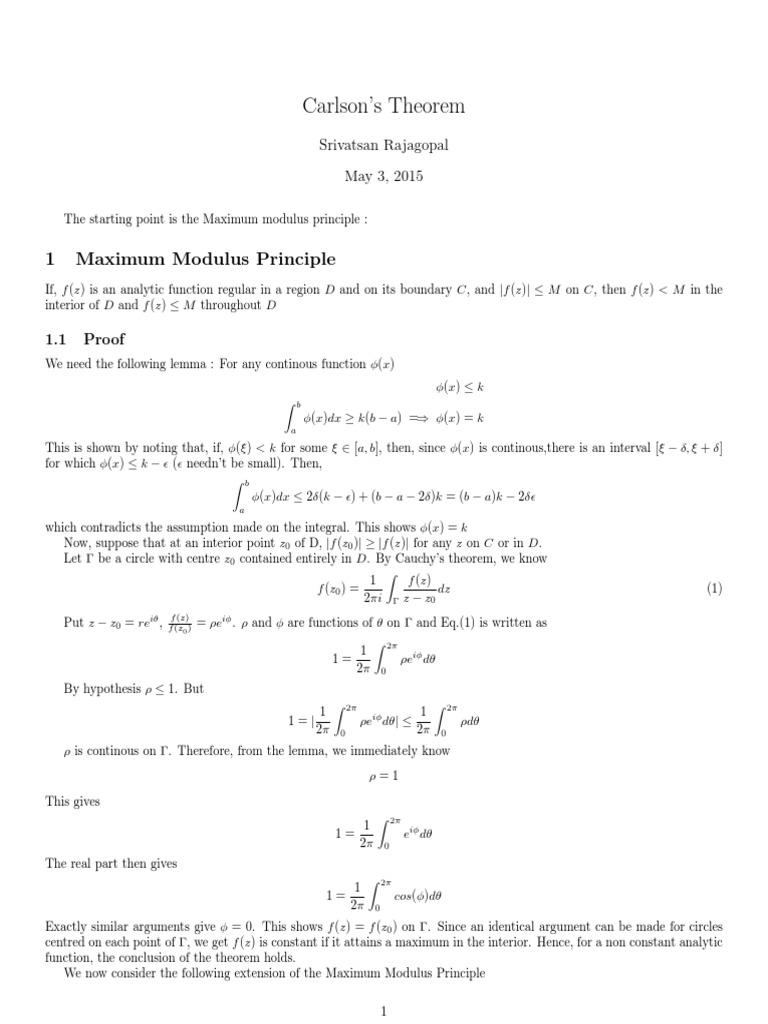 Carlson's Theorem: 1 Maximum Modulus Principle | PDF | Pi | Infinity